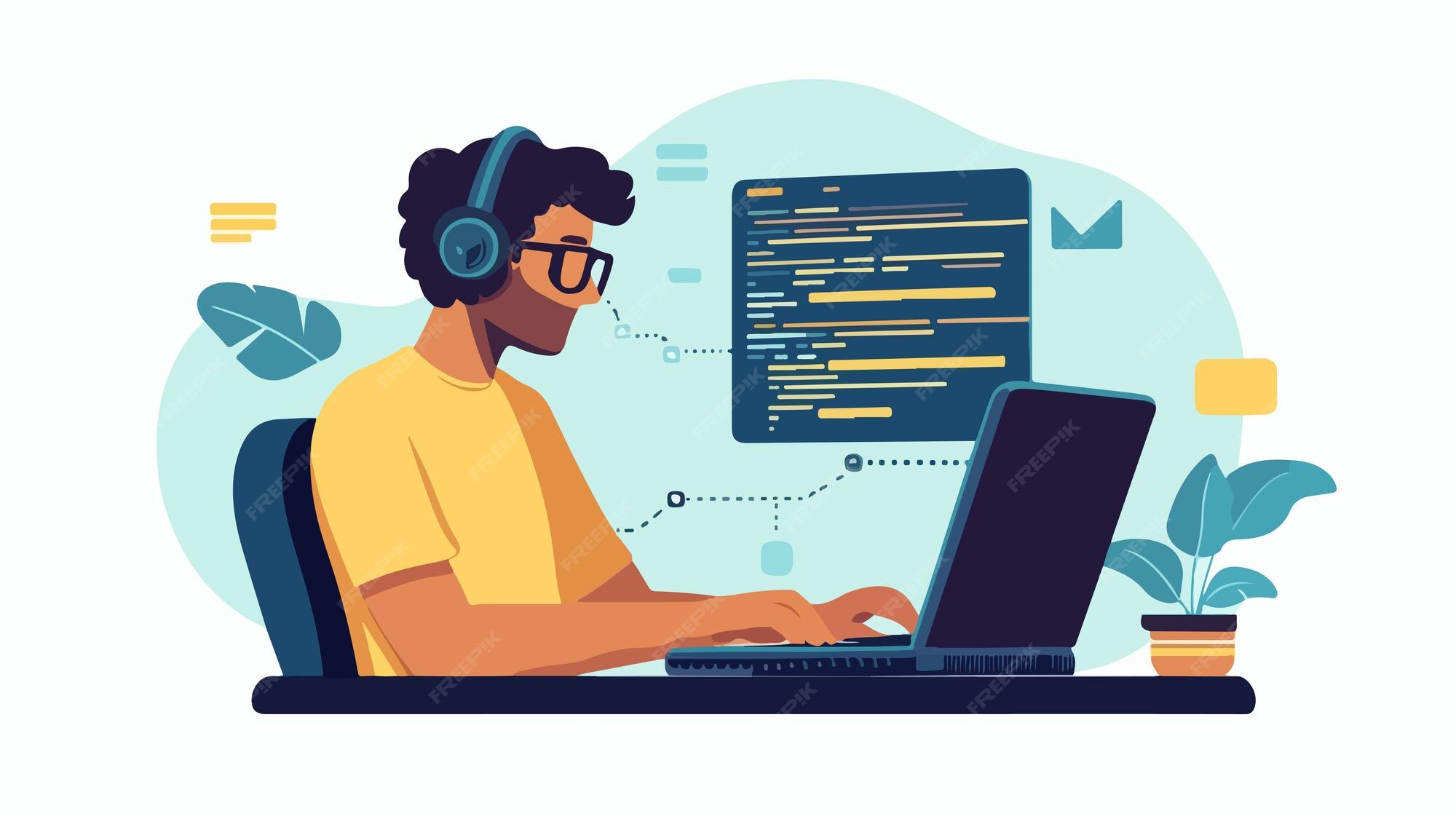 Professional Web Developer Coding and Programming on Laptop | Premium AI-generated vector