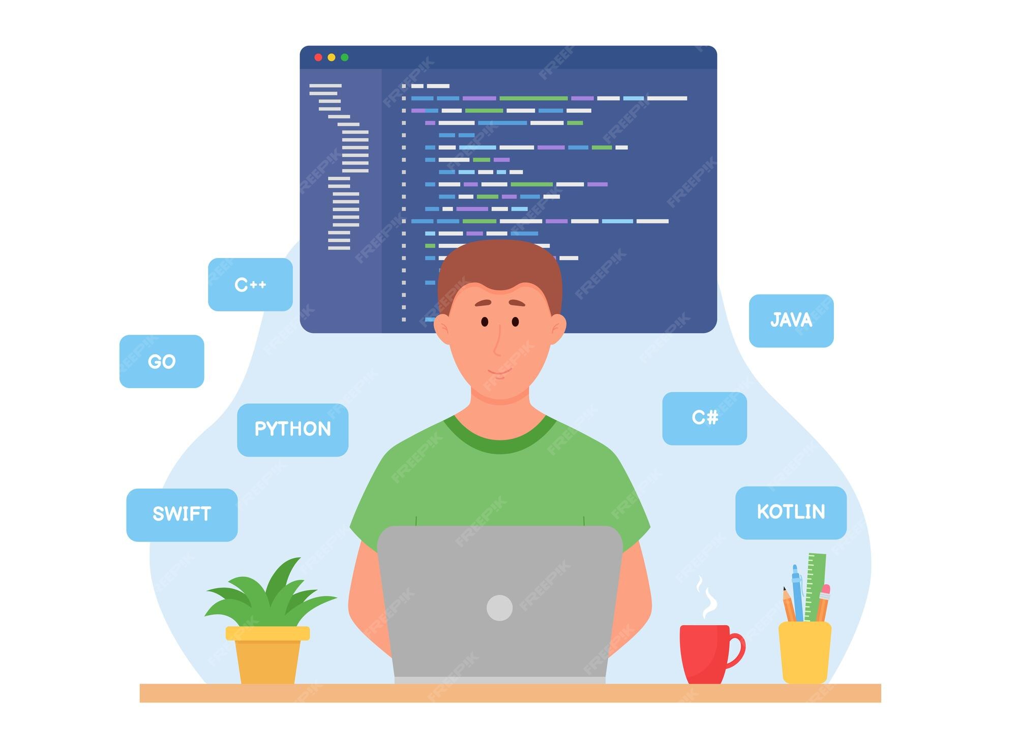 Premium Vector Programmer Coding Concept Man Writing Code At Laptop