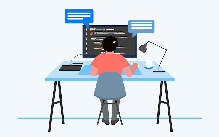Premium Vector Programmer Concentrated At Programming Screen With Codes Developer At Work