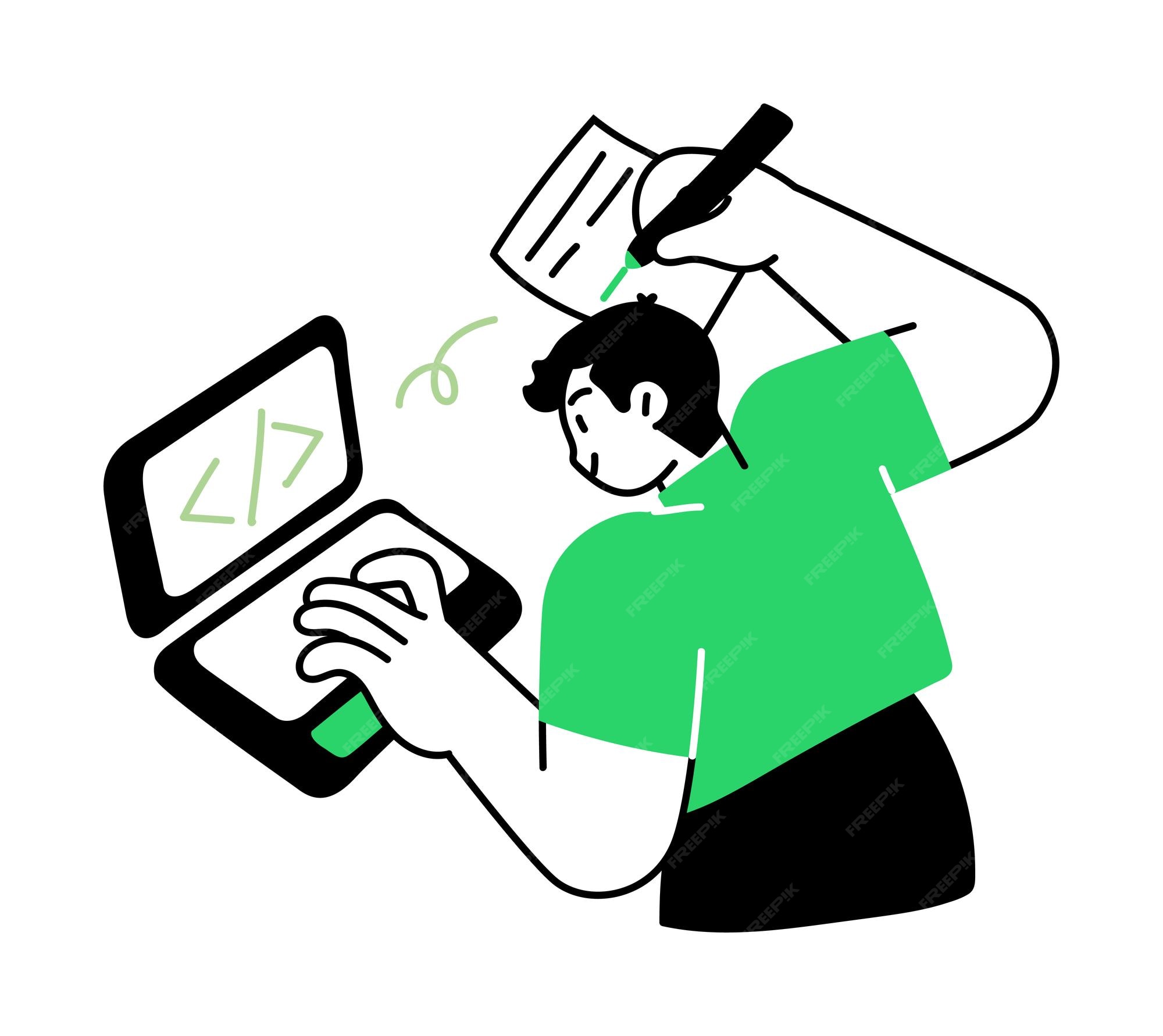 Premium Vector | Programmer debugging code on tablet