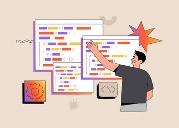 Premium Vector | Programmer developer writes codes on special language ...