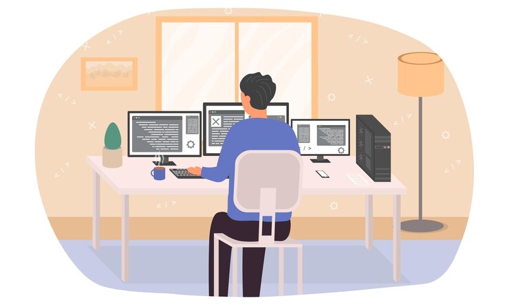 Premium Vector | Programmer engaged in computer programming seated at a ...