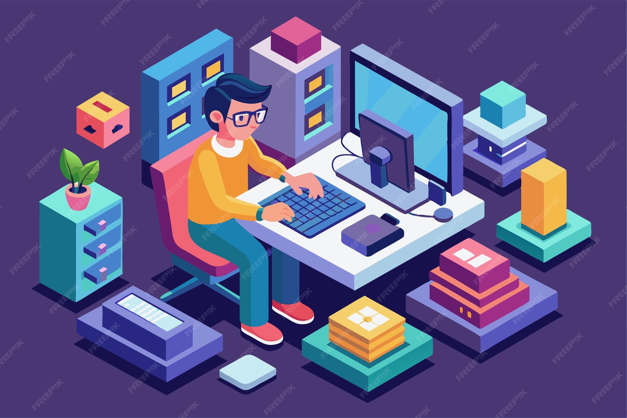 A programmer is engaged with a computer at a desk surrounded by colorful office items and tech ...