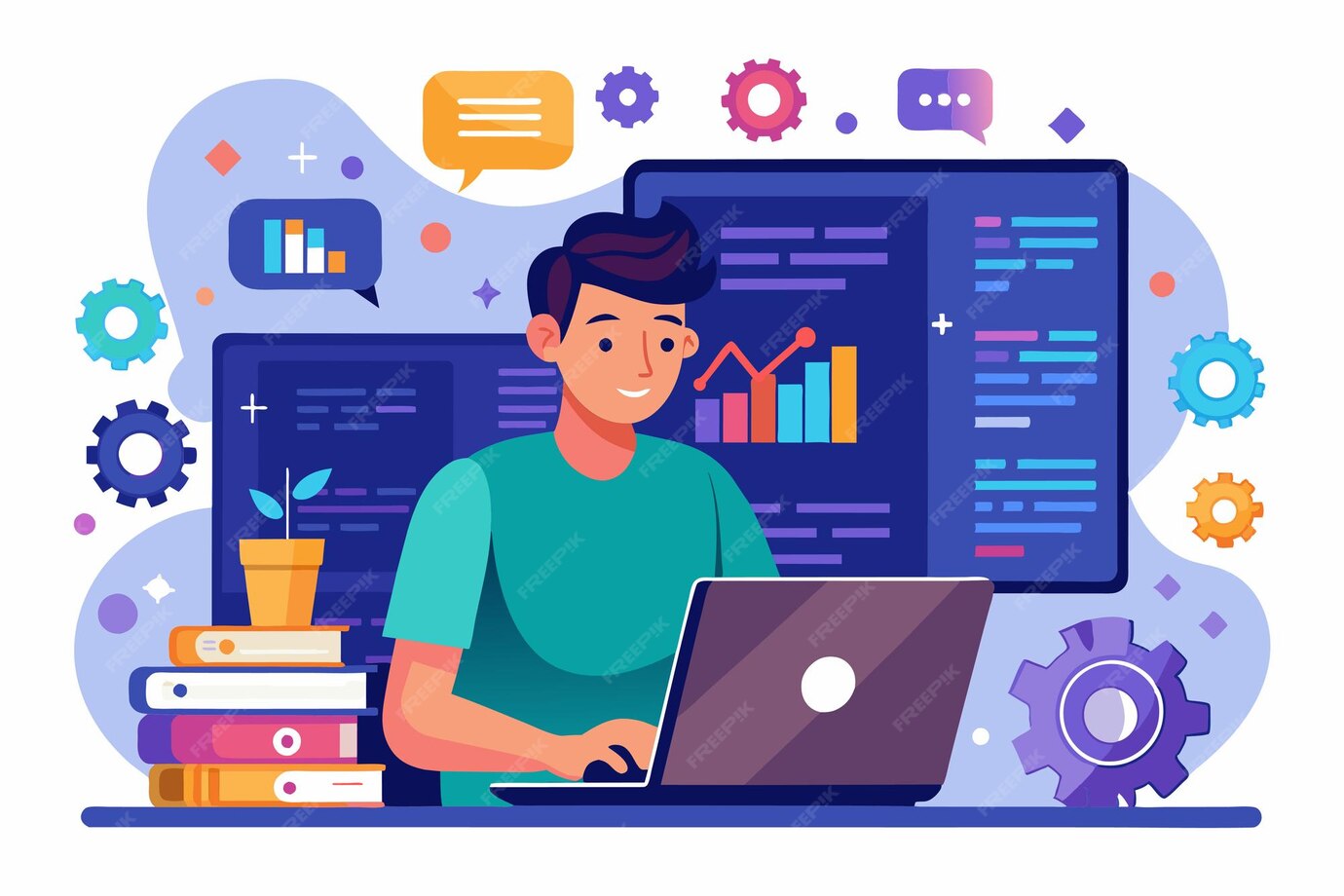 A programmer is focused on coding at a laptop with books and charts ...