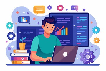 A programmer is focused on coding at a laptop with books and charts ...