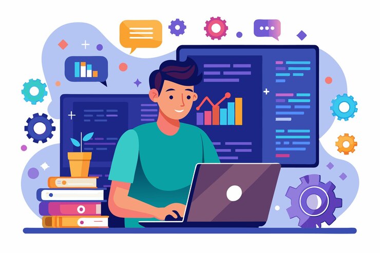 A programmer is focused on coding at a laptop with books and charts ...