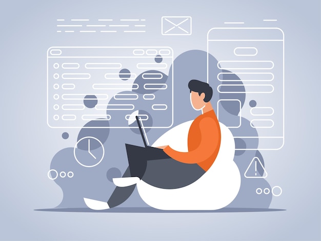Premium Vector Programmer Sitting In A Bean Bag Chair With A Laptop Coder Writes A Program