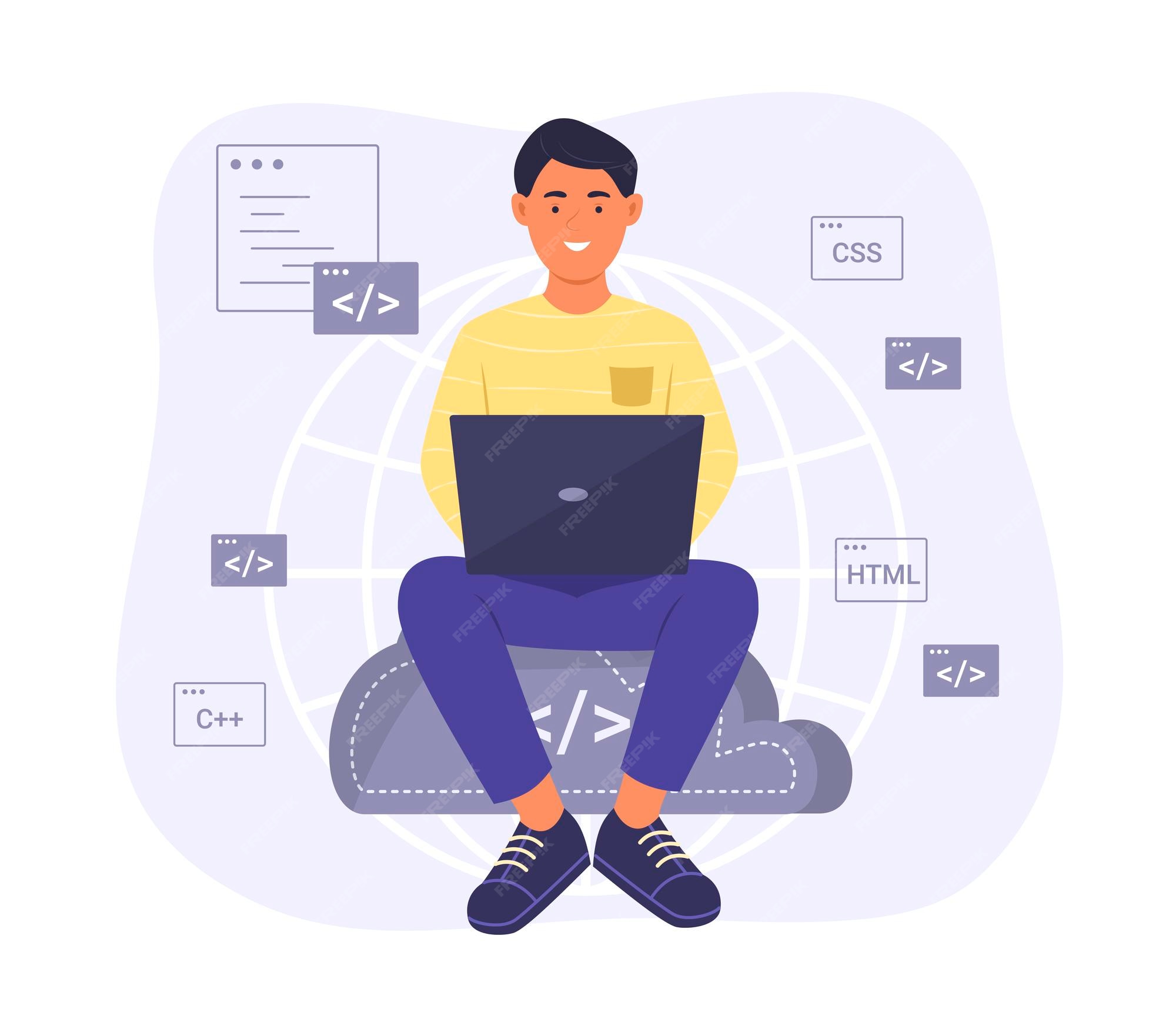Premium Vector Programmer Sitting On Cloud Computing Symbol And