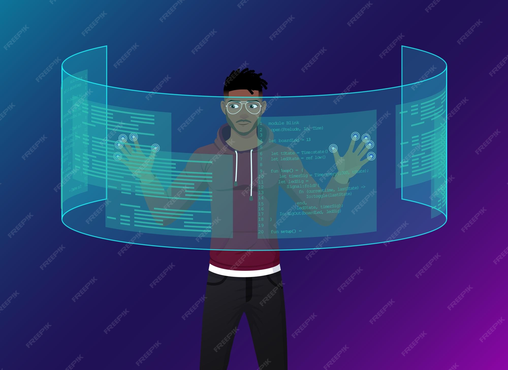 Premium Vector | Programmer and web developer using futuristic augmented reality interface