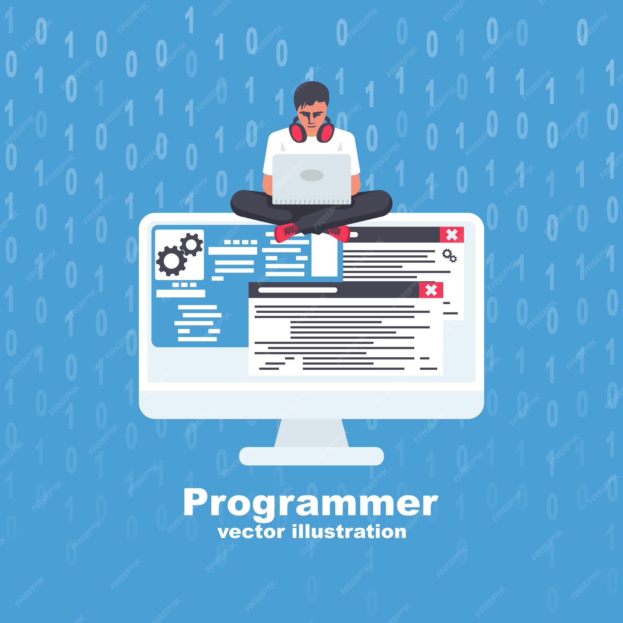Premium Vector | Programmer with laptop working on program. software ...