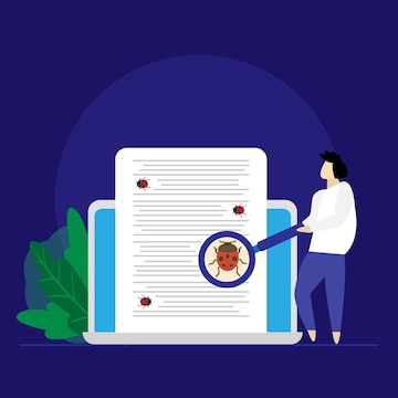 Premium Vector | Programmer with magnifier looking for defect in ...