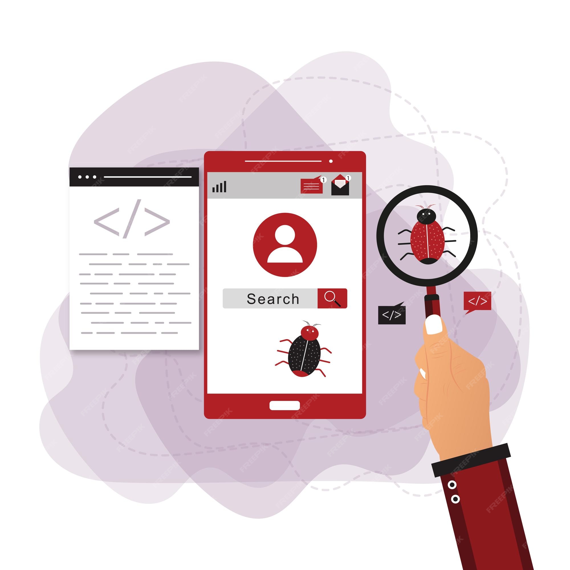 Premium Vector | Programmer with magnifier looking for defect in ...