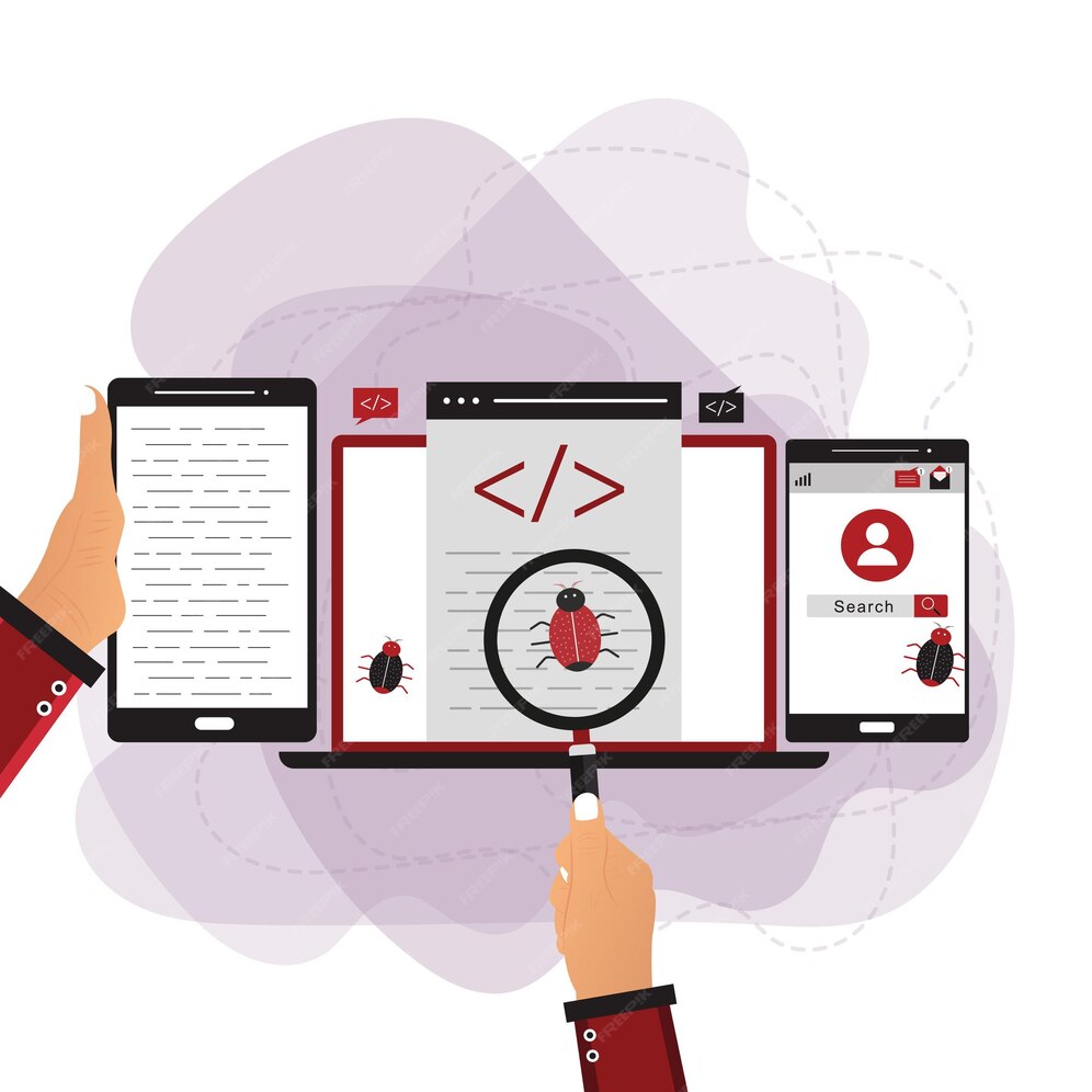 Premium Vector Programmer With Magnifier Looking For Defect In Programmed Software Application