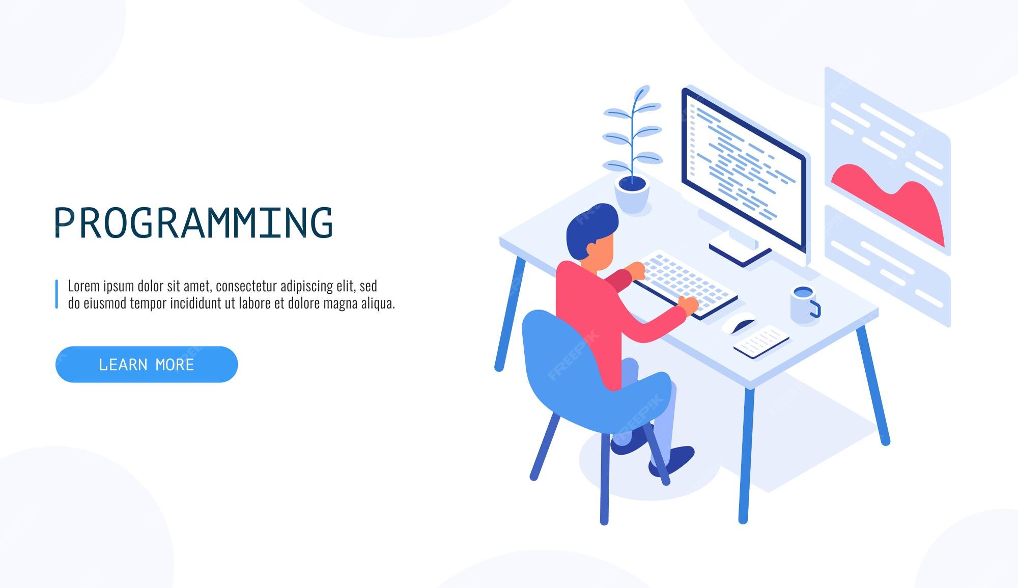 Premium Vector | Programmer at work. man working on desktop computer ...