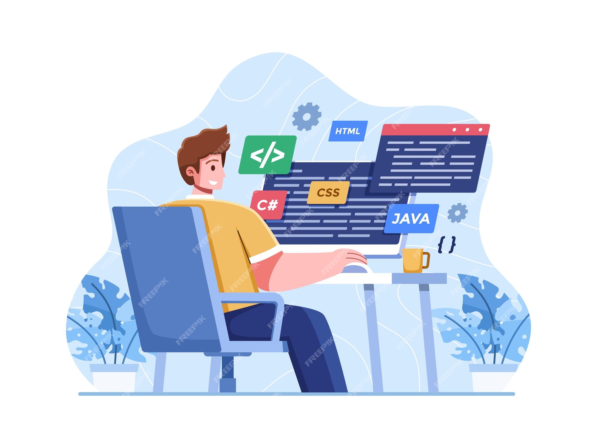Premium Vector Programmer Work With Code To Develop An Application Or Website On A Computer