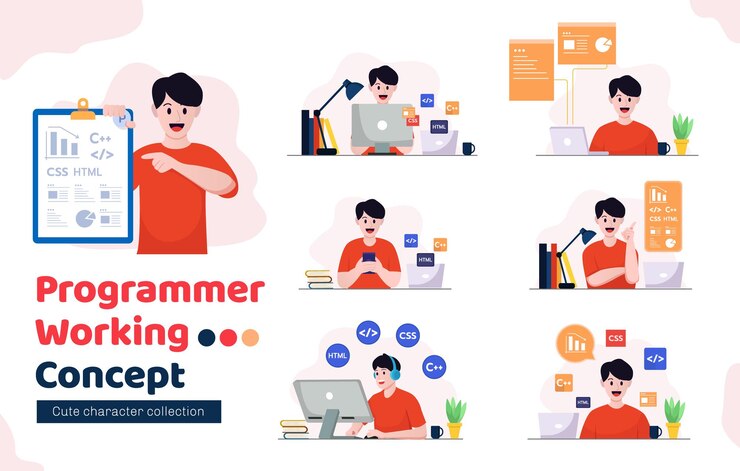 Premium Vector | Programmer working concept character set Premium Vector | Programmer working concept character set