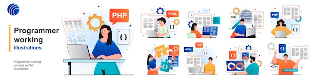 평면에서 장면의 프로그래밍 소프트웨어 테스트를 코딩하는 격리된 세트 Devops 작업 프로그래머 프리미엄 벡터