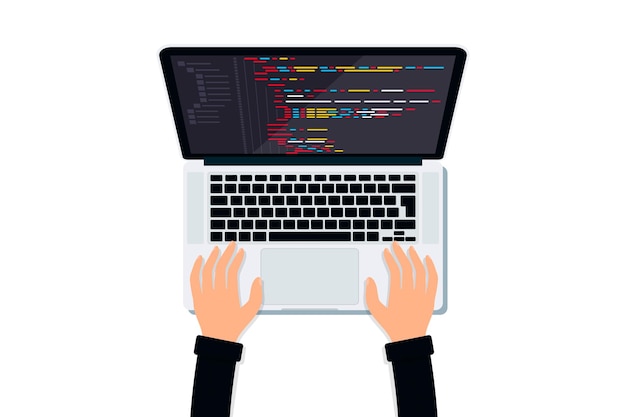 화면 상단 보기 웹 개발에 프로그램 코드가 있는 Pc 랩톱에서 작업하는 프로그래머 프리미엄 벡터