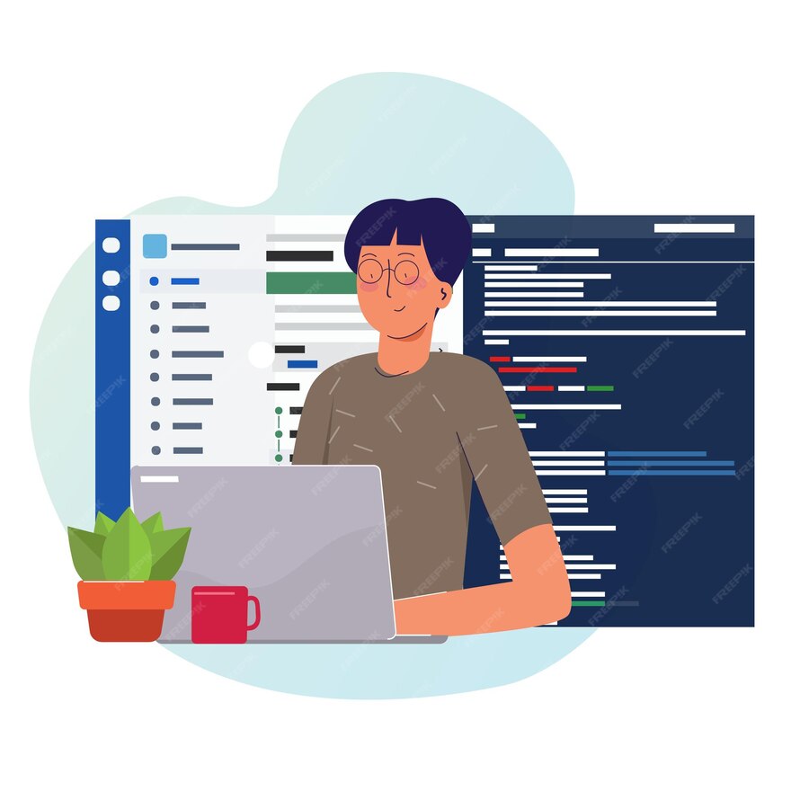 Premium Vector | Programmer working writing code on laptop with line of code programming ...