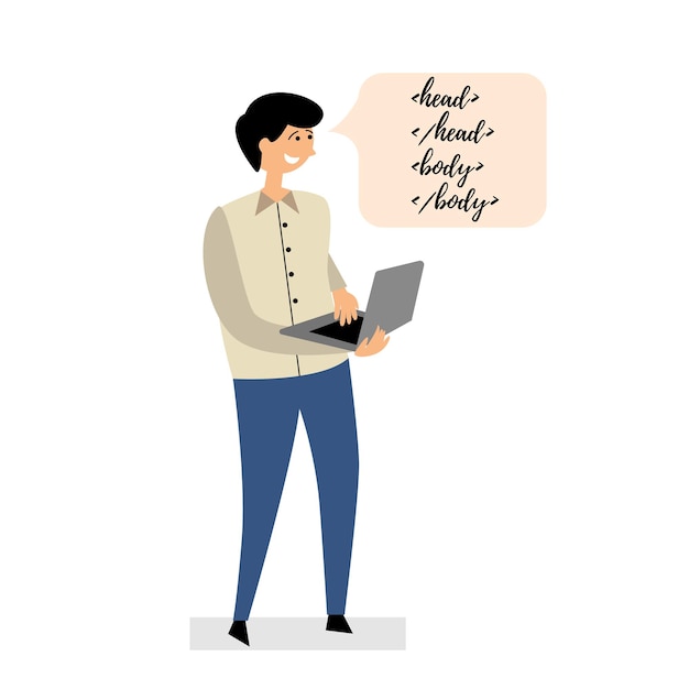 Premium Vector | Programmer writes code laptop Premium Vector | Programmer writes code laptop