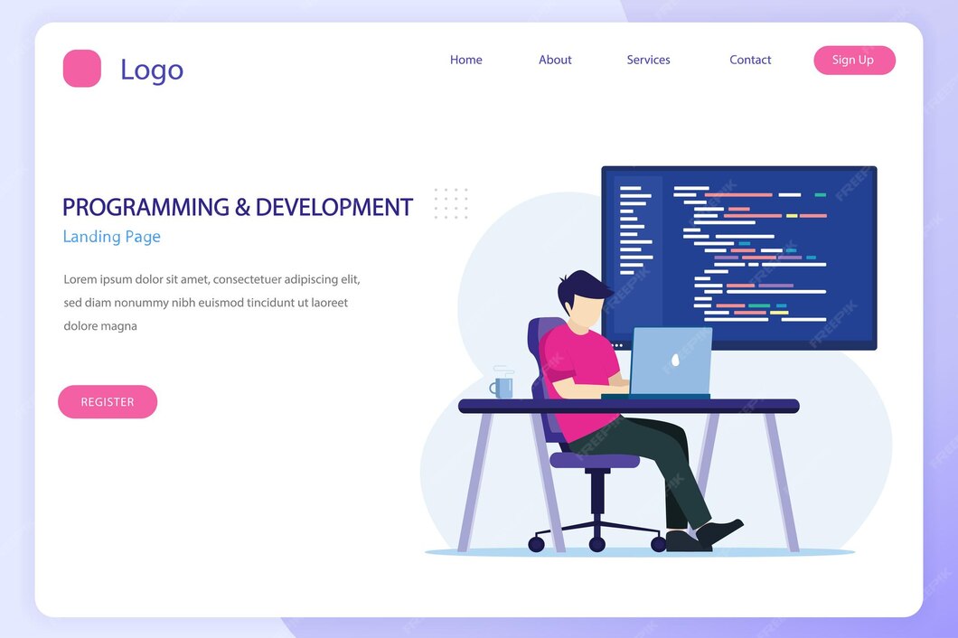 작업 개념의 프로그래머 사람들은 랩톱 프로그래밍 및 코딩 프로그래밍 언어 Css Html Php Ui 웹 랜딩 페이지에 적합한