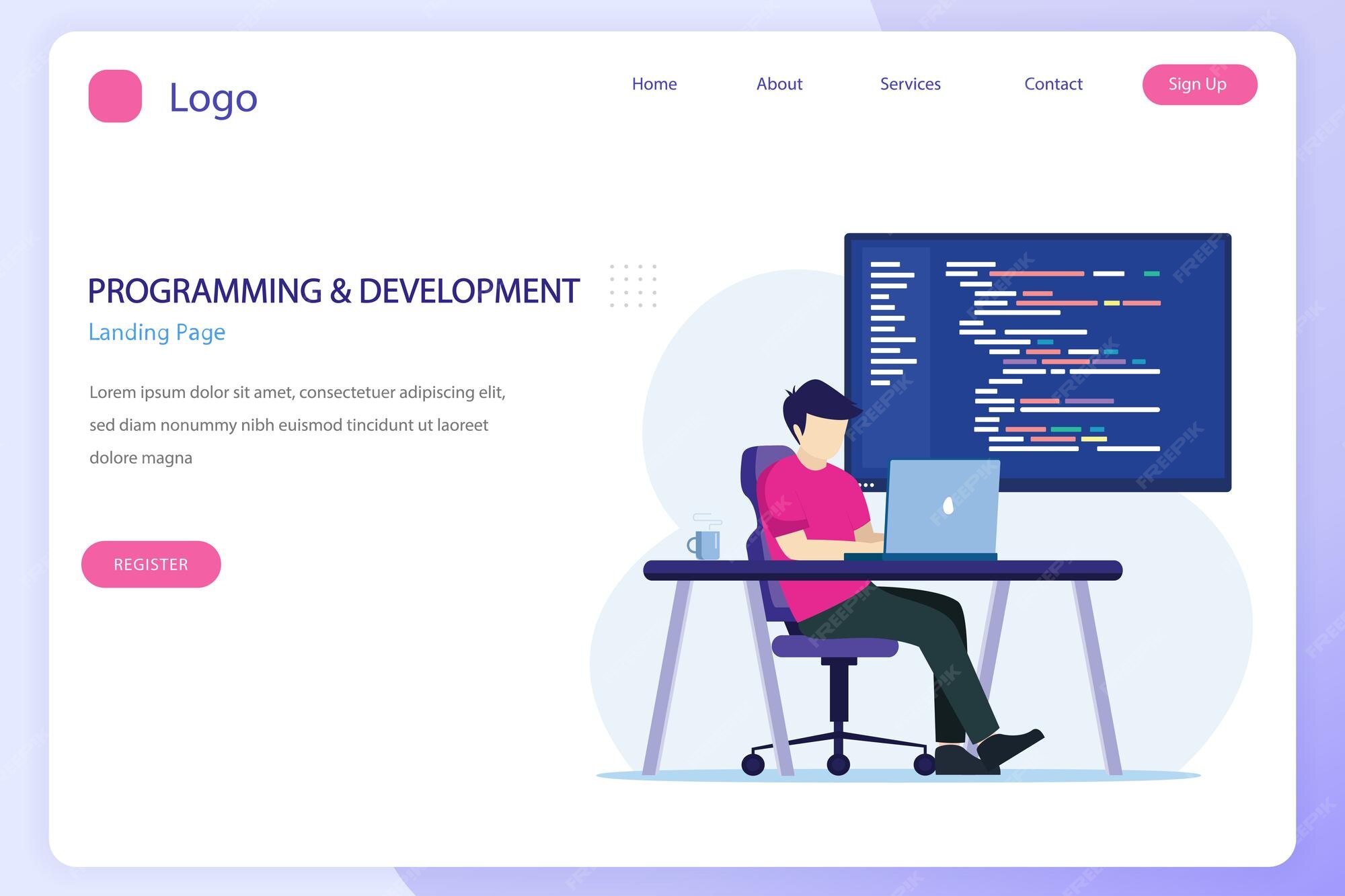 작업 개념의 프로그래머 사람들은 랩톱 프로그래밍 및 코딩 프로그래밍 언어 Css Html Php Ui 웹 랜딩 페이지에 적합한