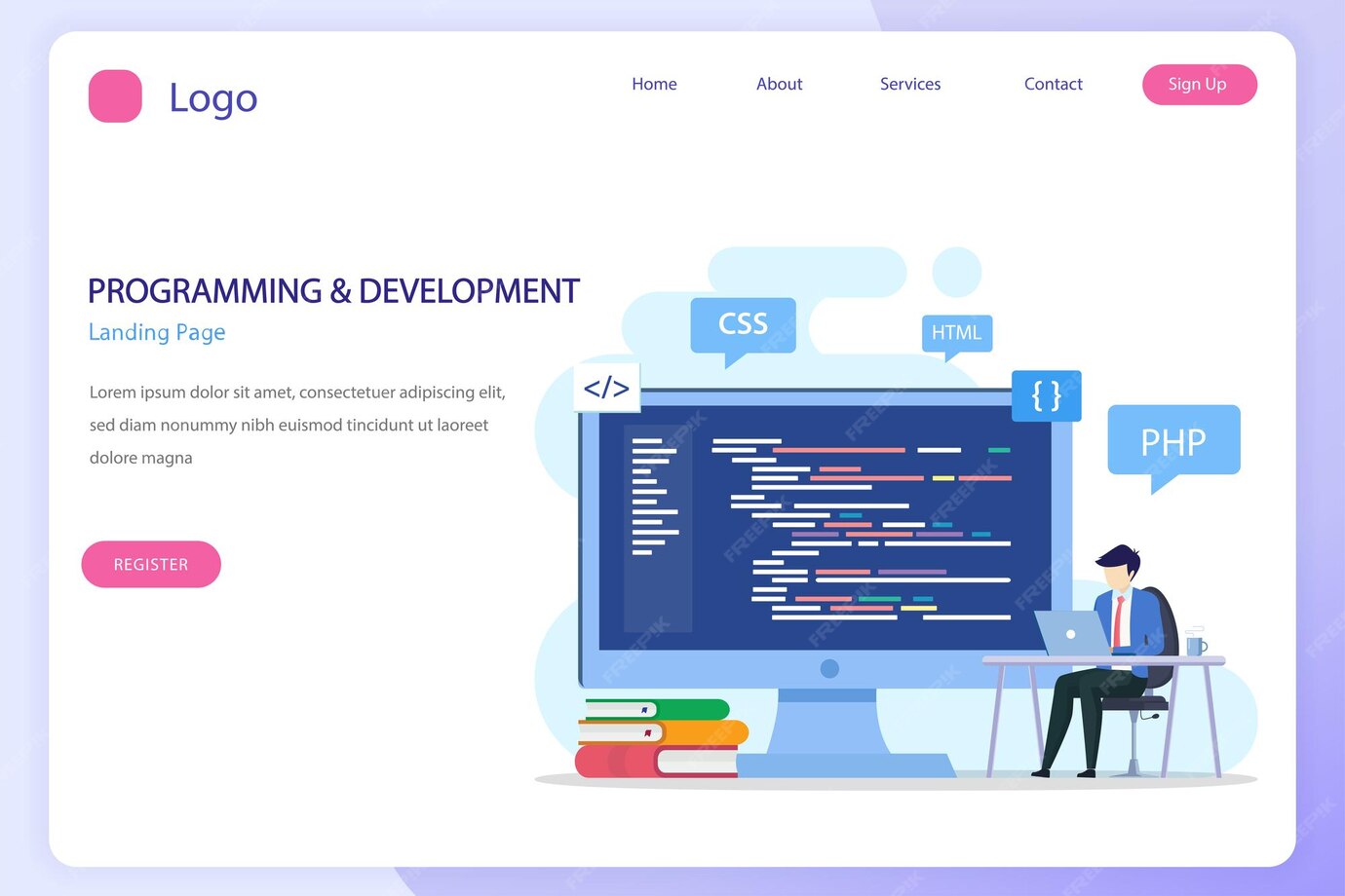 작업 개념의 프로그래머 사람들은 랩톱 프로그래밍 및 코딩 프로그래밍 언어 Css Html Php Ui 웹 랜딩 페이지에 적합한 플랫 벡터 템플릿 스타일을 사용하여 테이블에서 