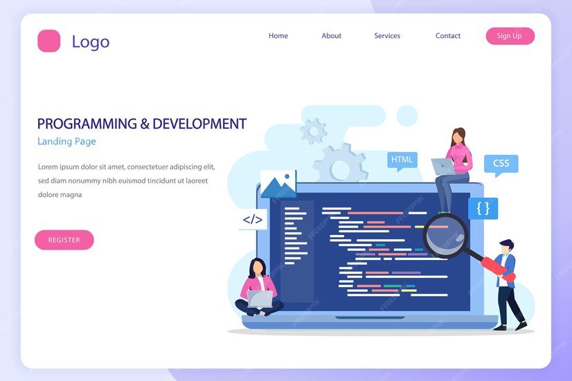 작업 개념의 프로그래머 사람들은 랩톱 프로그래밍 및 코딩 프로그래밍 언어 Css Html Php Ui 웹 랜딩 페이지에 적합한 5253
