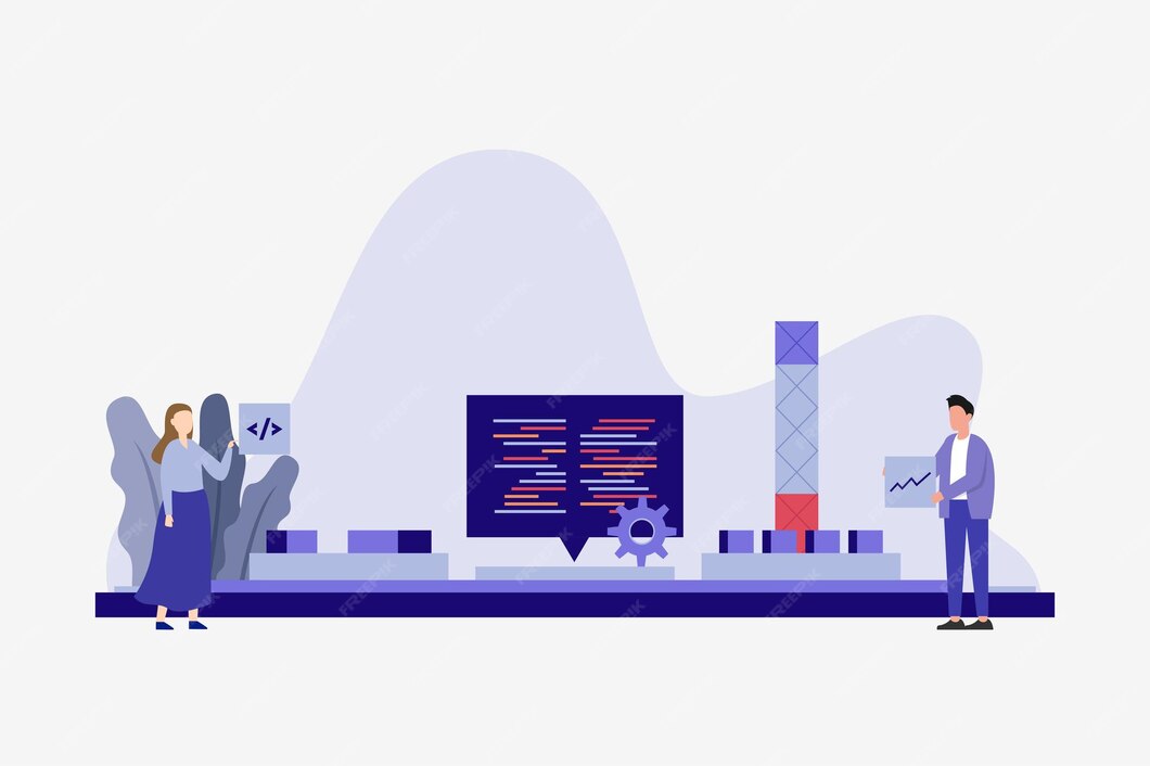 Premium Vector | Programmers coding and correct errors in project