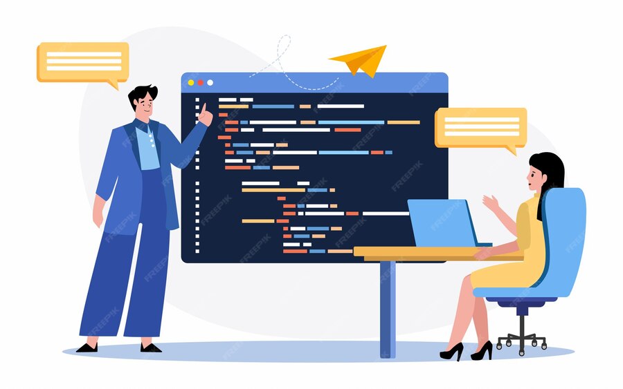 Premium Vector | Programmers discussing Program coding error. software ...