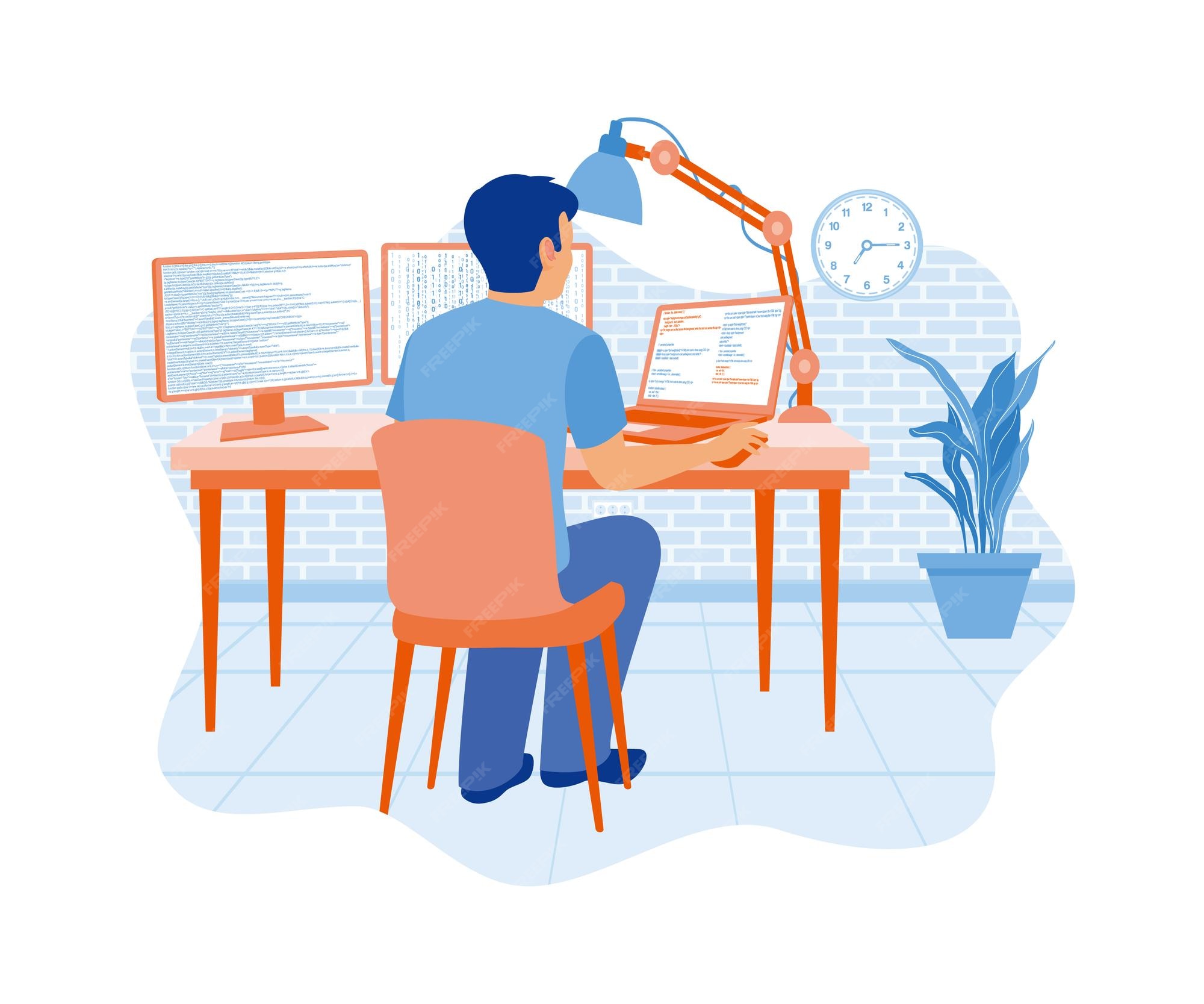 Premium Vector | Programmers work on dualscreen computers and laptops ...