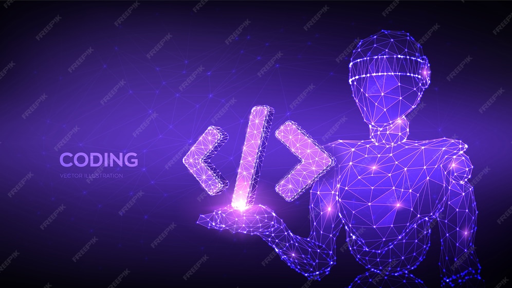Premium Vector | Programming code icon. Abstract robot holding ...