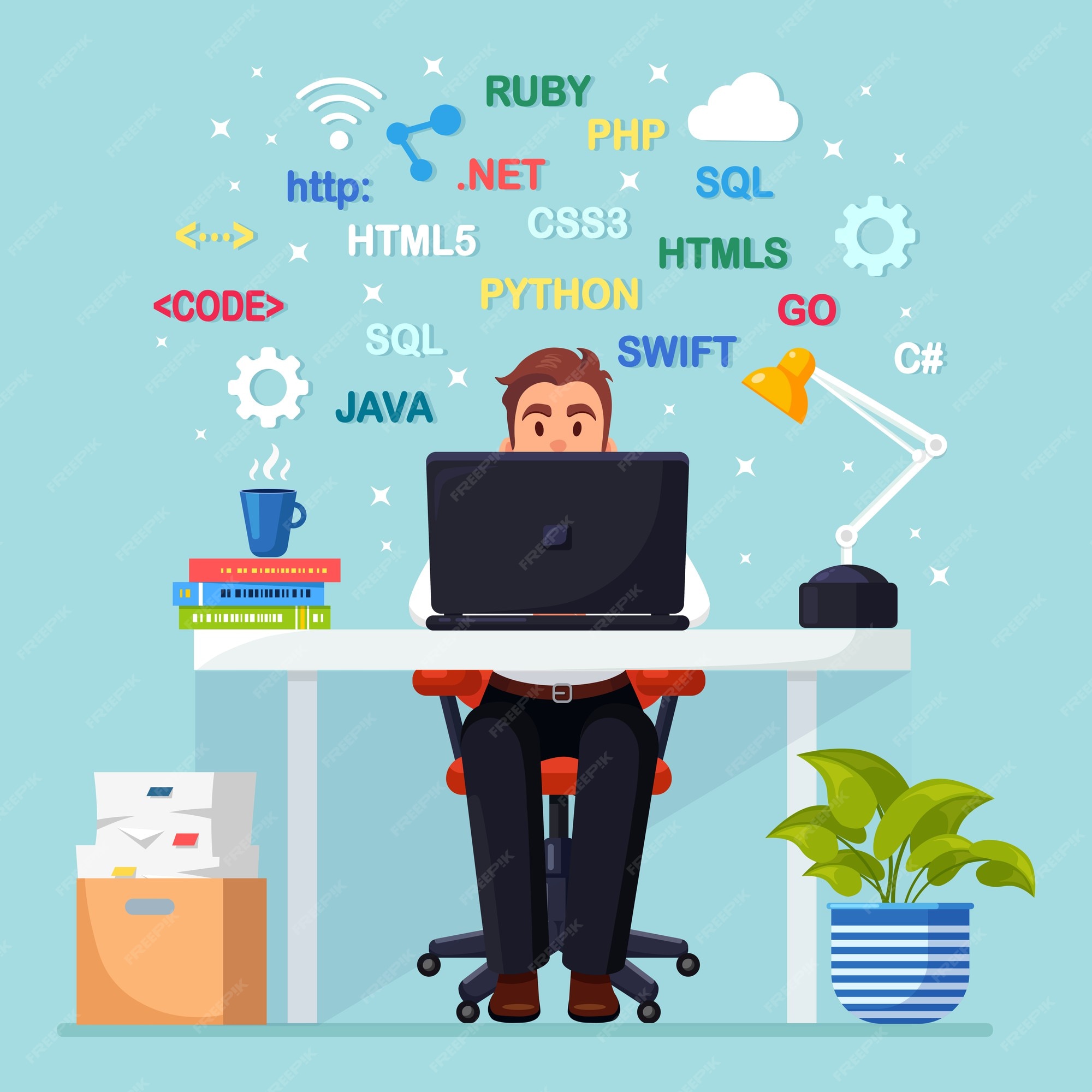 Premium Vector Programming Coding Programmer Sitting At Desk And Working Office Table With