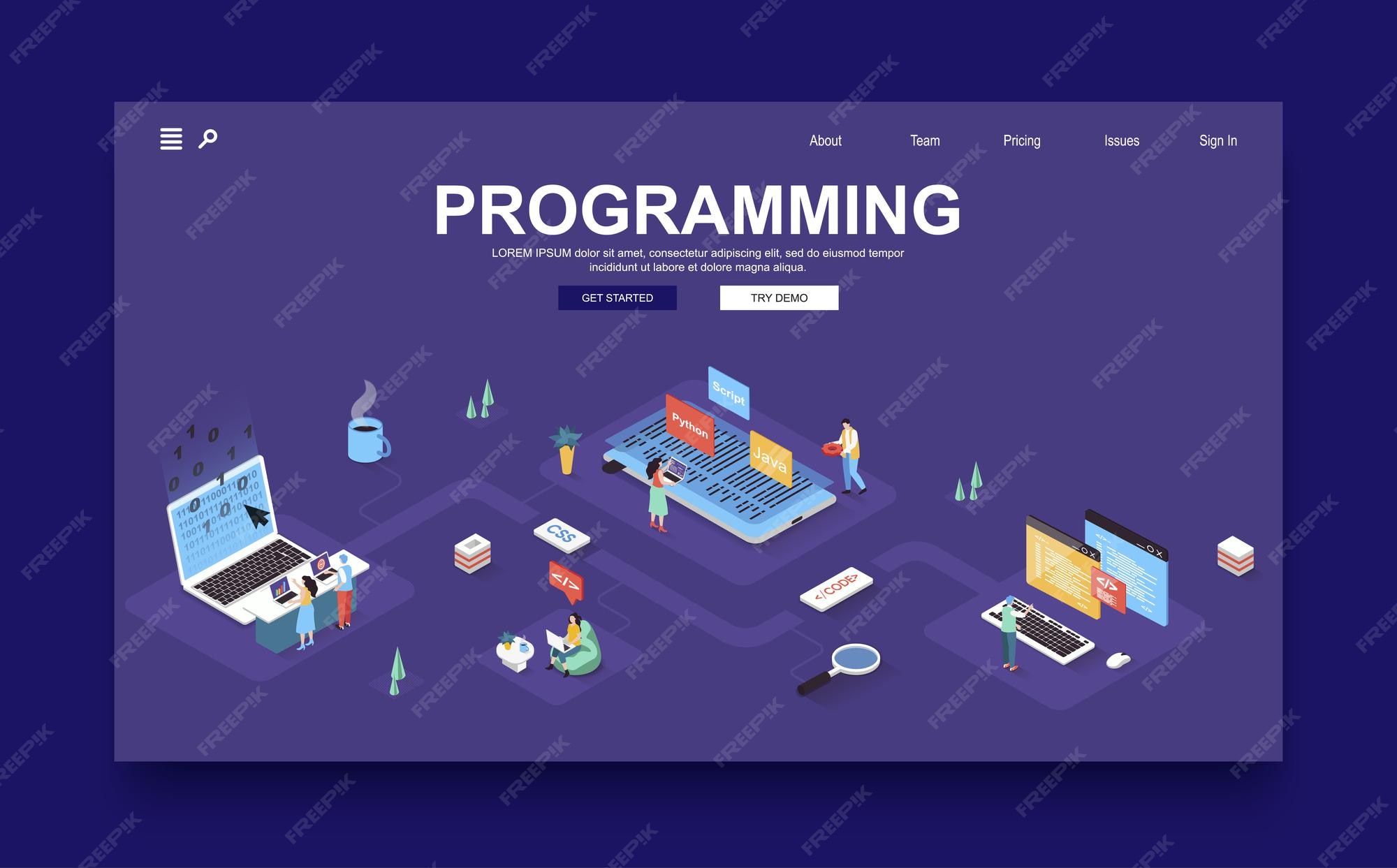 Premium Vector | Programming company concept 3d isometric landing page template people create ...