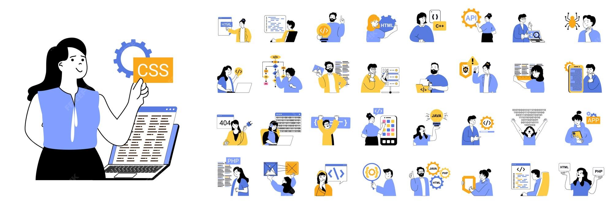 Programming concept mega set with character scenes in flat design for ...
