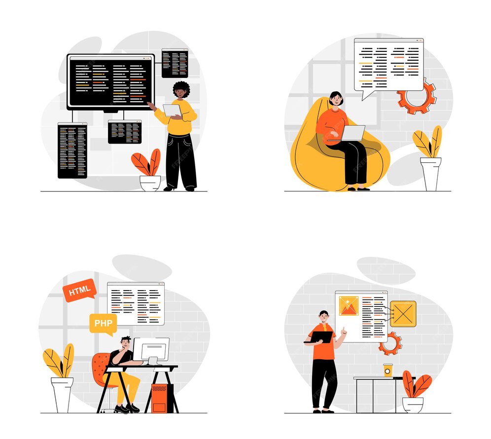 Premium Vector | Programming concept with character set collection of scenes people working with ...