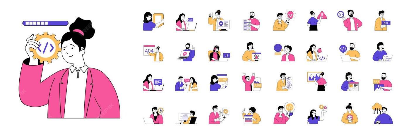 Premium Vector | Programming concept with people situations mega set in ...