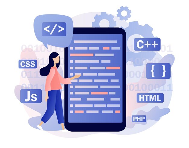 Premium Vector Tiny People Programmer Or Developer Create Code Programming Language