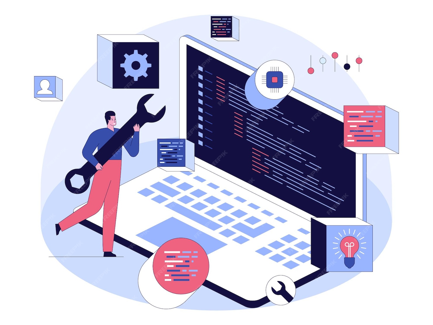 Premium Vector | Programming at huge laptop and testing code man ...