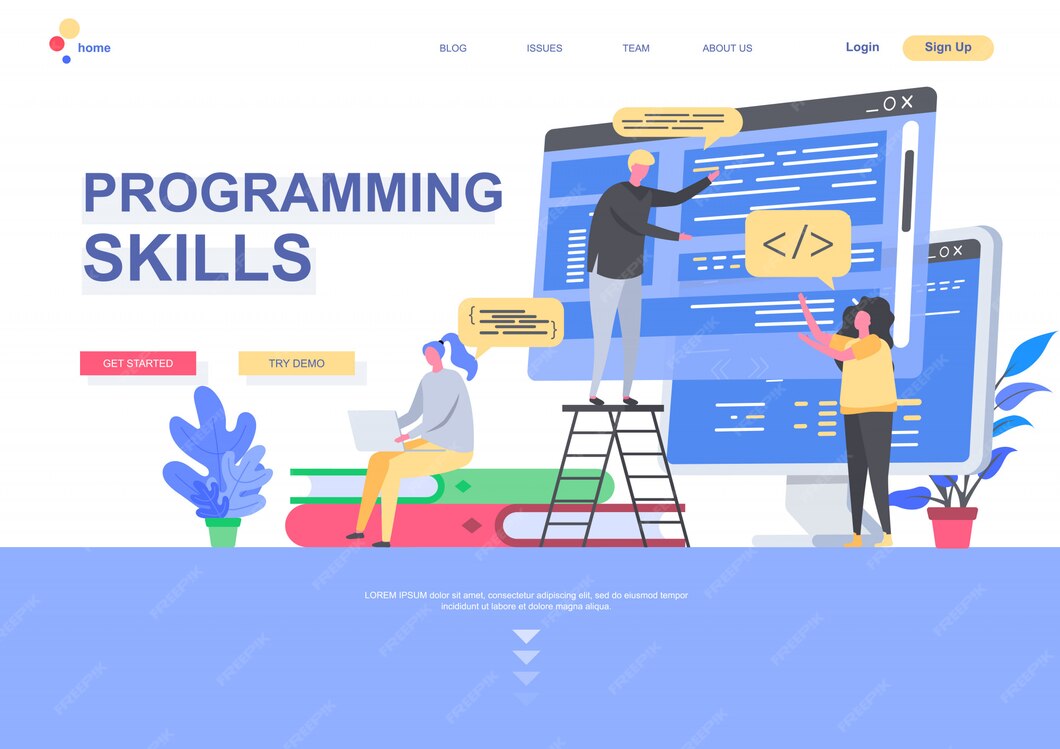 Premium Vector | Programming skills flat landing page template. developers designing and ...