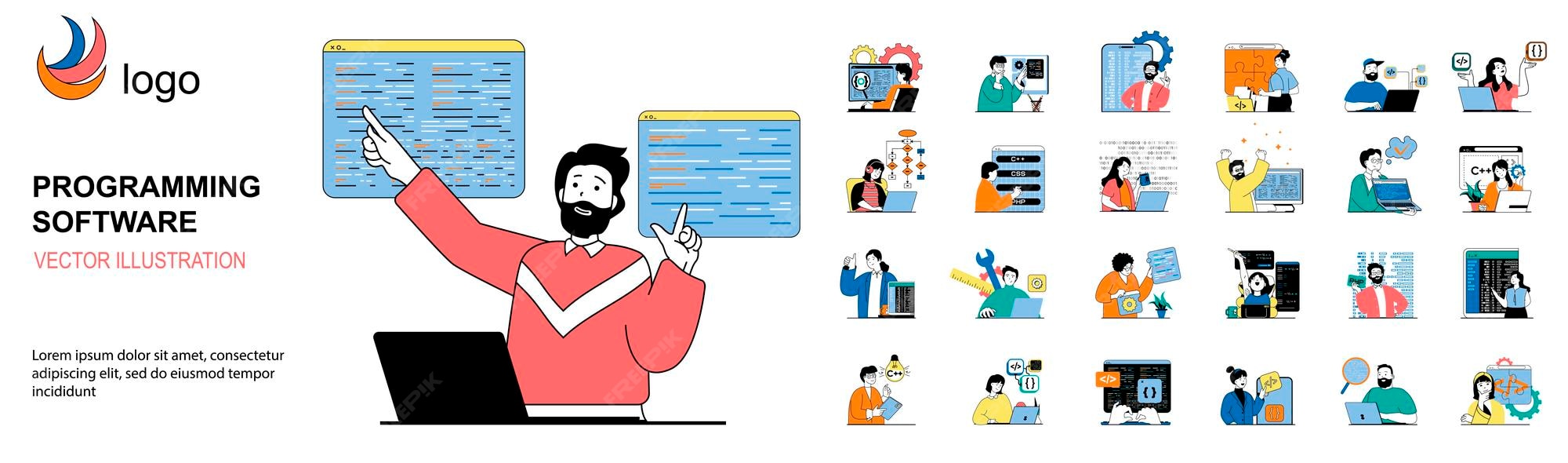 문자 상황 메가 세트를 사용한 프로그래밍 소프트웨어 개념 플랫 웹 디자인의 스크립트 벡터 그림을 만드는 프로그램 코드 엔지니어링