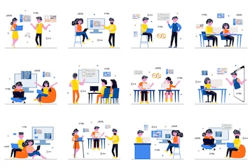 Premium Vector | Programming software concept with tiny people scenes set in flat design Bundle ...