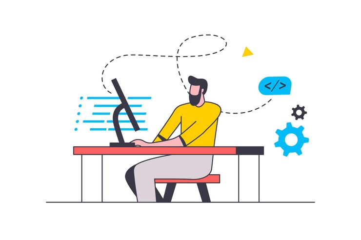 Premium Vector | Programming software flat line concept man coding and ...
