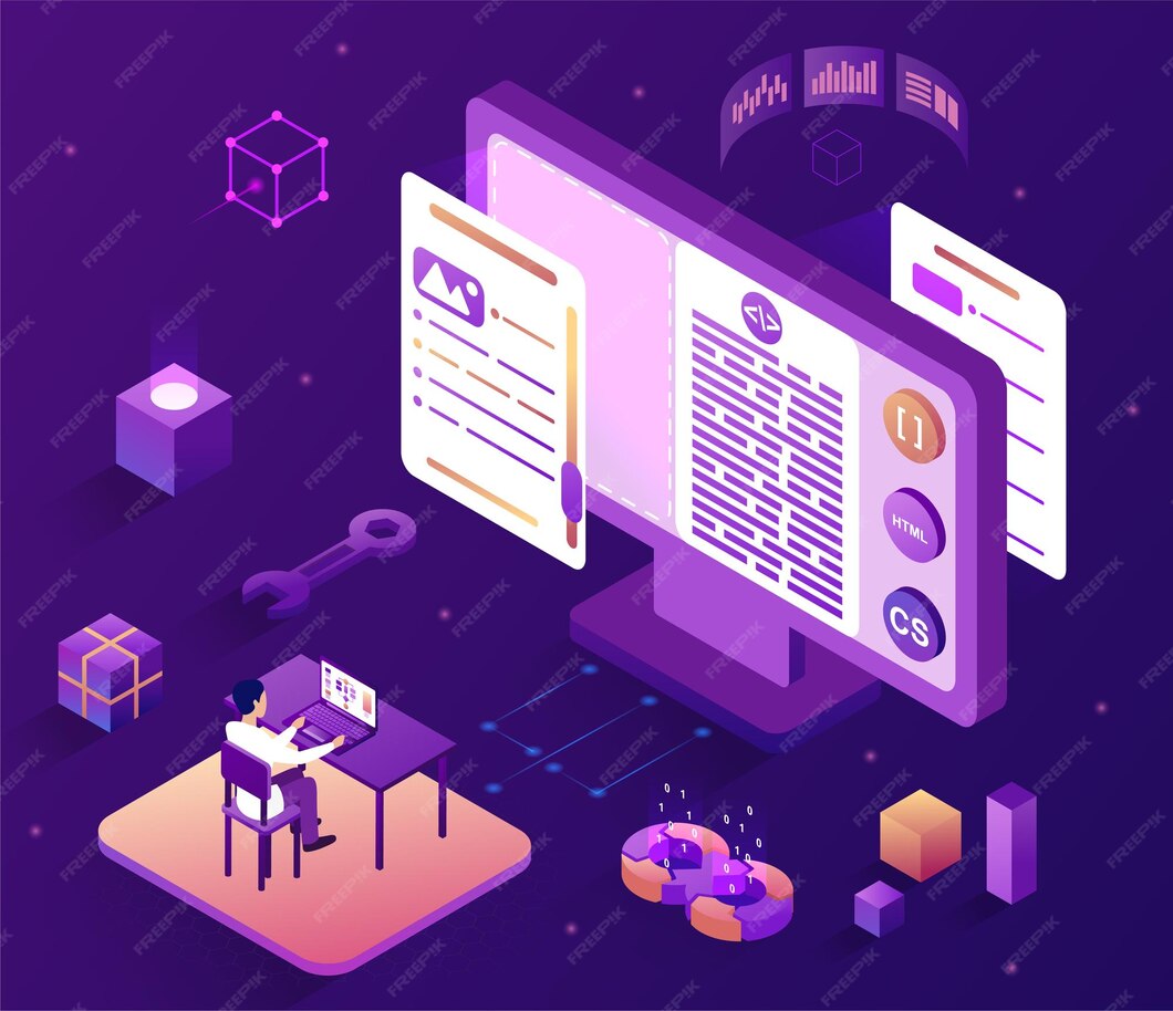 Premium Vector | Programming software interface on device by engineer coding process to make ...