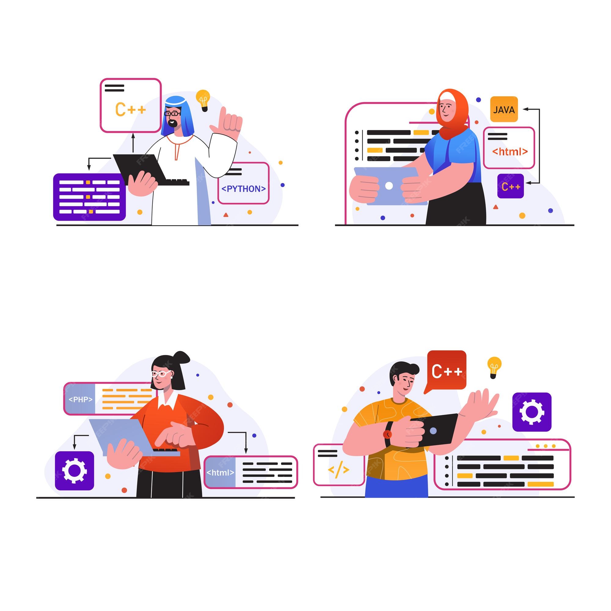 Premium Vector | Programming working concept scenes set people program ...