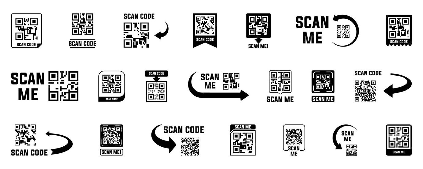 검은색 Qr 코드 아이콘 컬렉션 Scan Me 코드 템플릿 디지털 스캔 Qr 코드 스마트폰 스캔용 Qr 코드 ⁇ 플 프리미엄 벡터