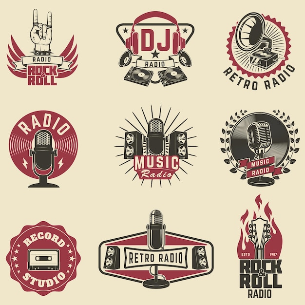 Premium Vector | Radio labels Retro radio record studio rock and roll ... Premium Vector | Radio labels Retro radio record studio rock and roll ...