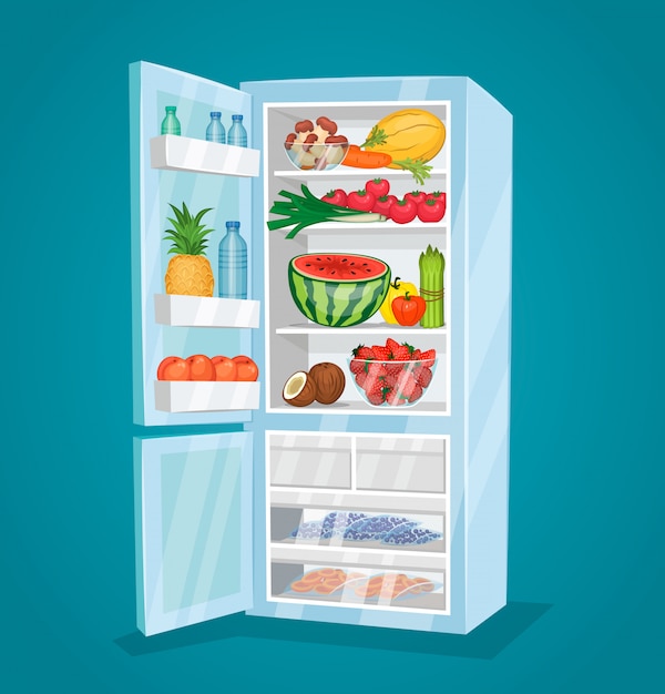 Premium Vector | Refrigerator full of food in flat style Premium Vector | Refrigerator full of food in flat style