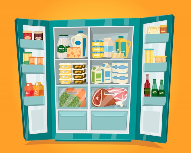 Premium Vector | Refrigerator full of food in flat style Premium Vector | Refrigerator full of food in flat style