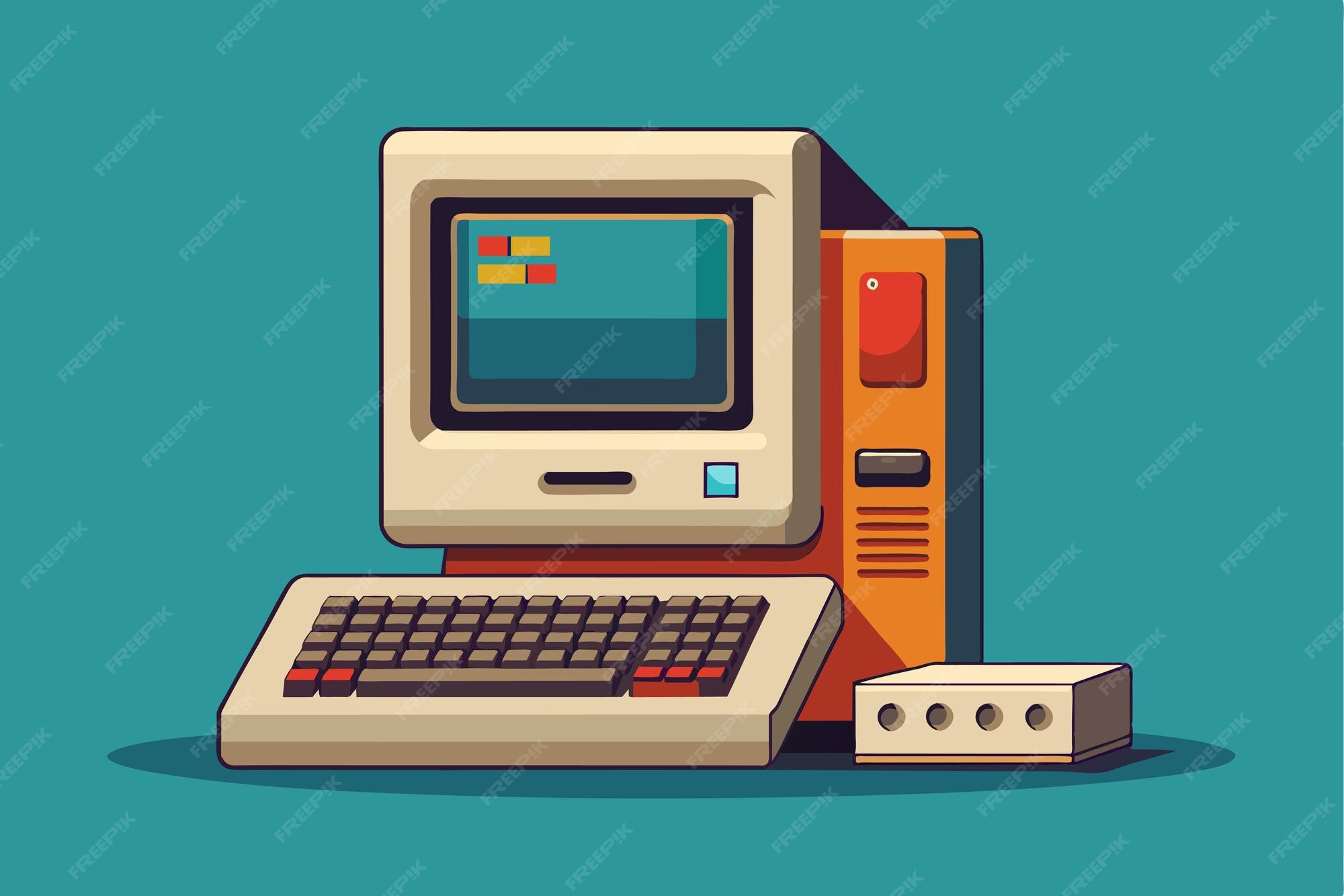 A retro computer setup with a keyboard and monitor designed in a flat customizable style Retro ...